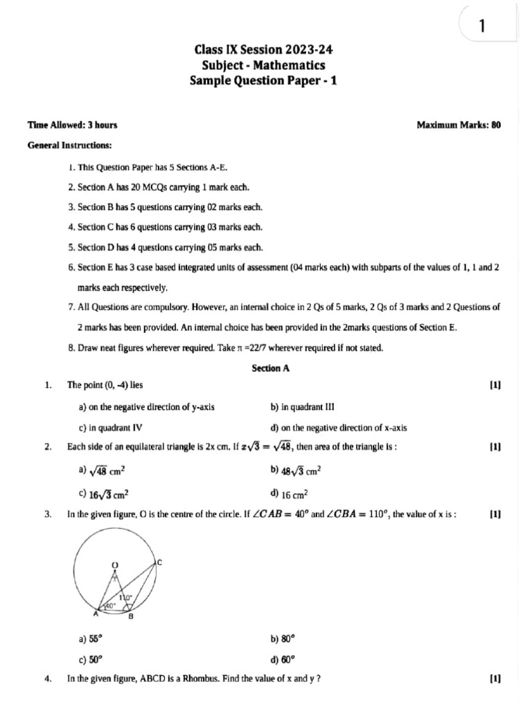 Maths Sample Question Paper Class Ix | Download Free PDF | Area | Angle