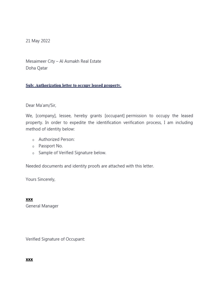 Authorization Letter To Occupy Leased Property | PDF