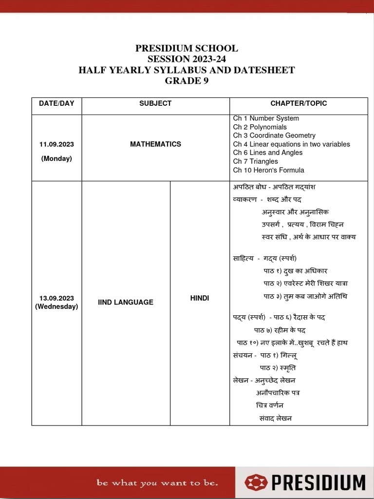 G9 Half Yearly Datesheet | PDF