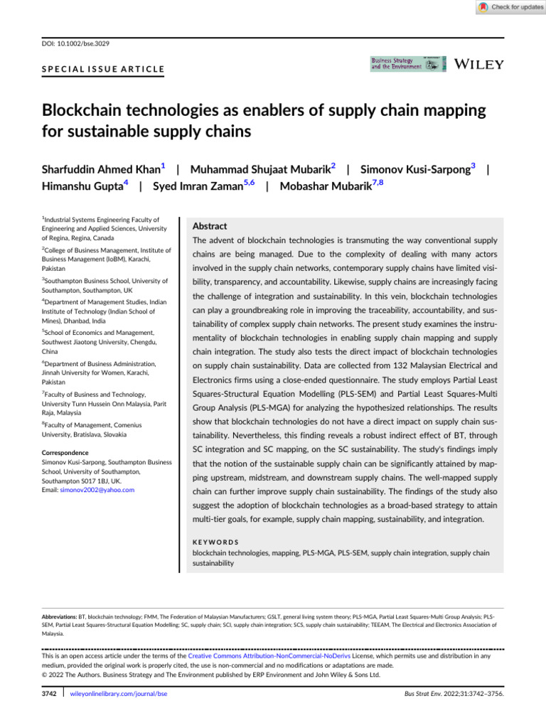 Bus Strat Env - 2022 - Khan - Blockchain Technologies As Enablers of Supply Chain Mapping For ...