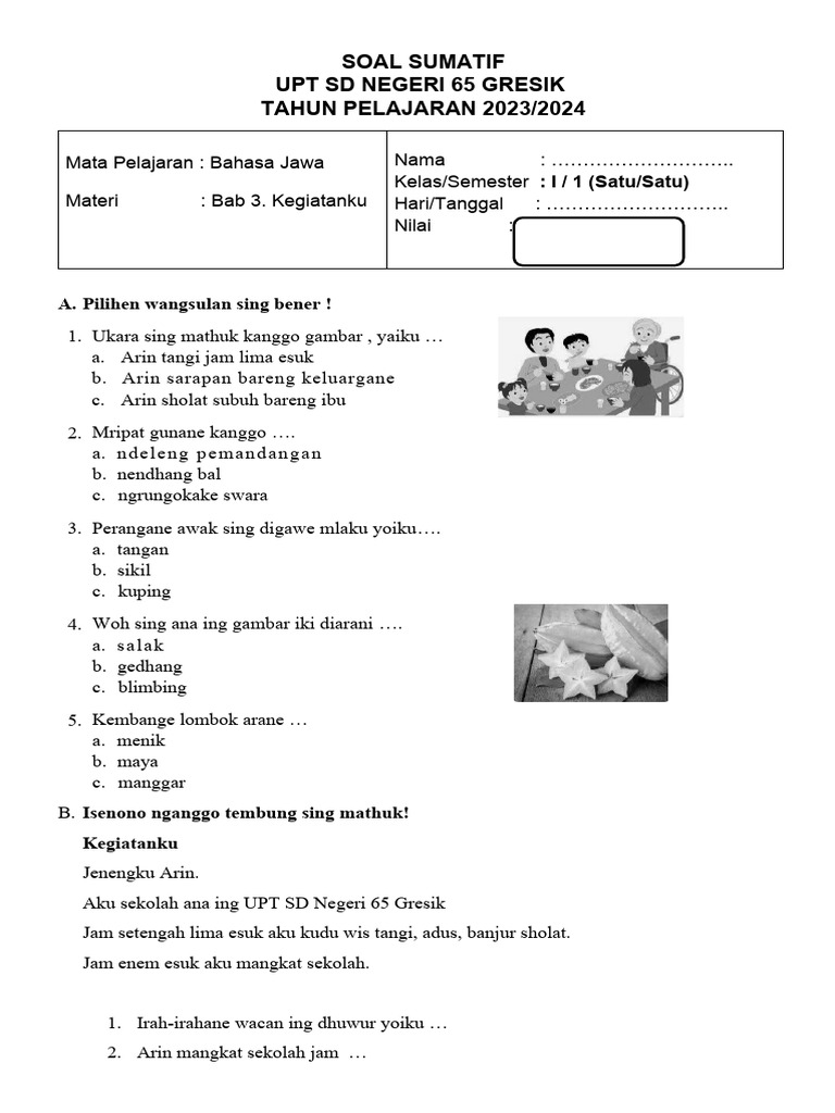 Soal Sumatif B.jawa Kelas 1 Bab 3,4 | PDF