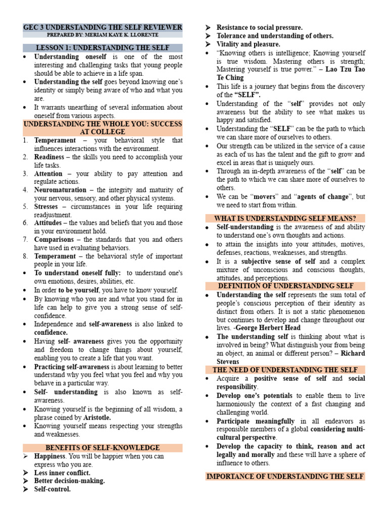 Gec 3 Understanding The Self Reviewer | PDF | Soul | Self Concept