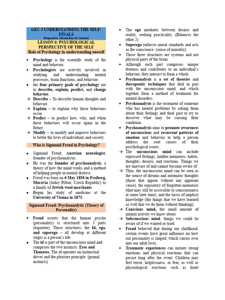 Gec 3 Finals Reviewer | PDF | Psychoanalysis | Unconscious Mind