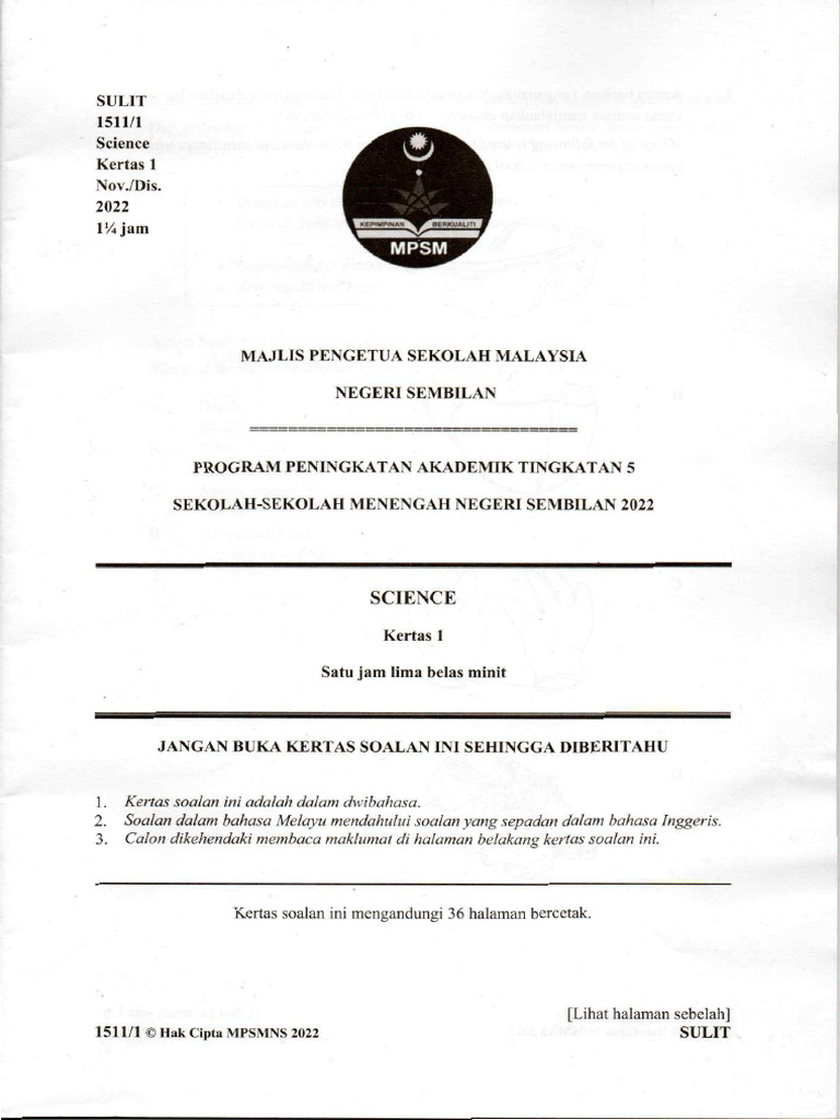 2022 Negeri - Sembilan - MPSM Science K1 | PDF