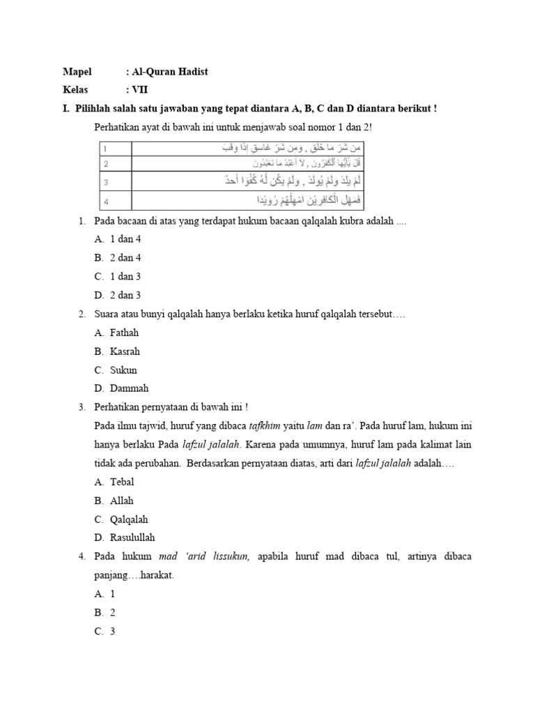Soal Al-Quran Hadist Kelas 8 | PDF