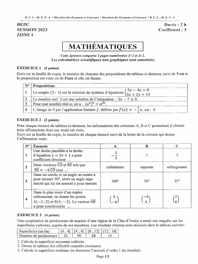 Corrigé Et Barème - Math Bepc - 2023 | PDF