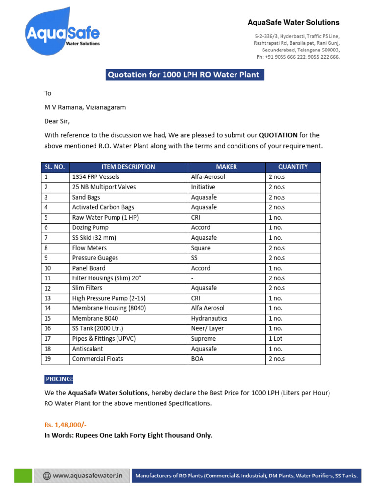 Quotation For 1000 LPH Ro Water Plant 1 PDF | PDF | Chemical ...