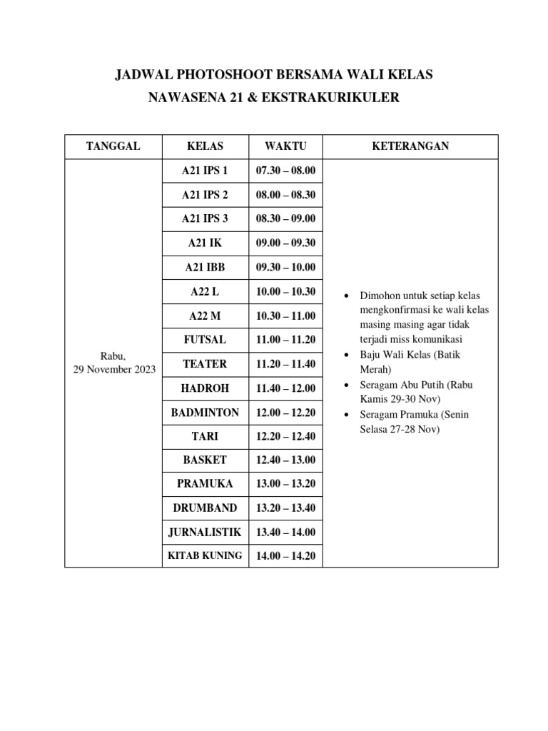 Jadwal Photoshoot Kelas & Ekstra | PDF