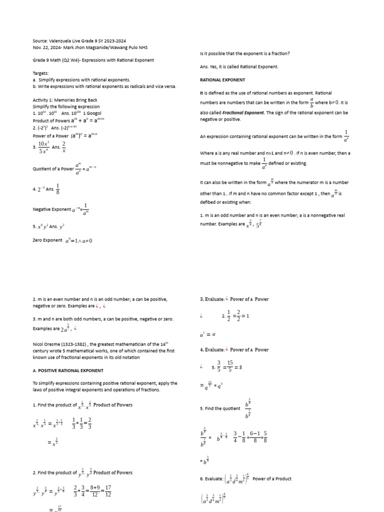 Grade 9 Math: Rational Exponents | PDF | Exponentiation | Numbers