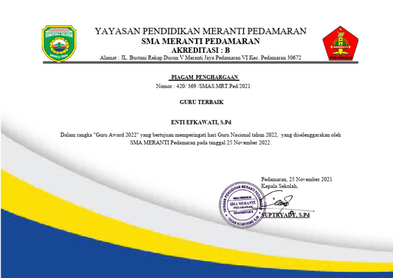 Piagam Penghargaan Guru Terbaik 2022 | PDF