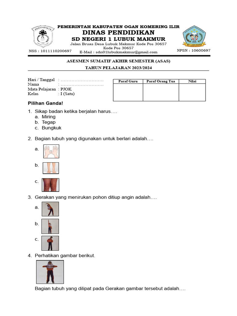 Soal ASAS PJOK Kls 1 2023 | PDF | Olahraga & Rekreasi