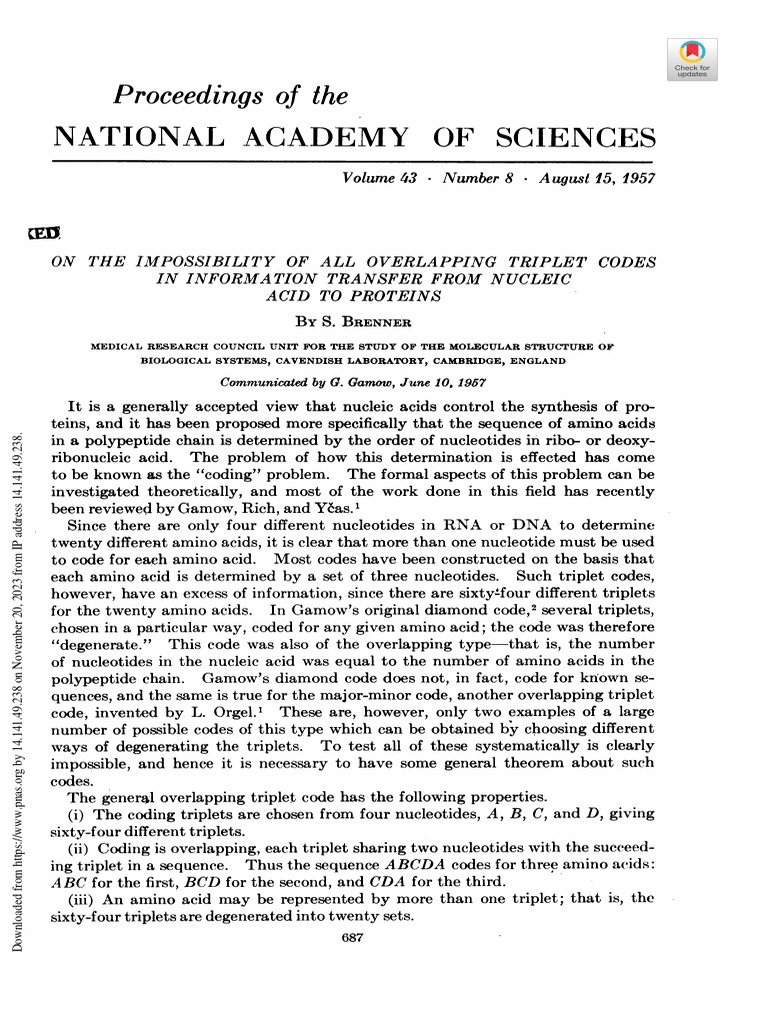 Brenner 1957 On The Impossibility of All Overlapping Triplet Codes in ...