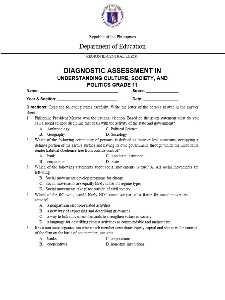 Grade 11 Culture, Society & Politics Diagnostic Assessment | PDF ...