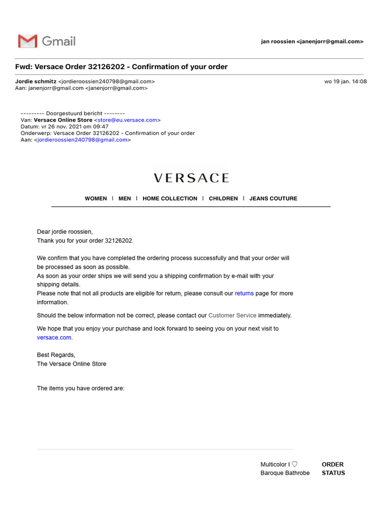 FWD: Versace Order 32126202 - Confirmation of Your Order | PDF ...