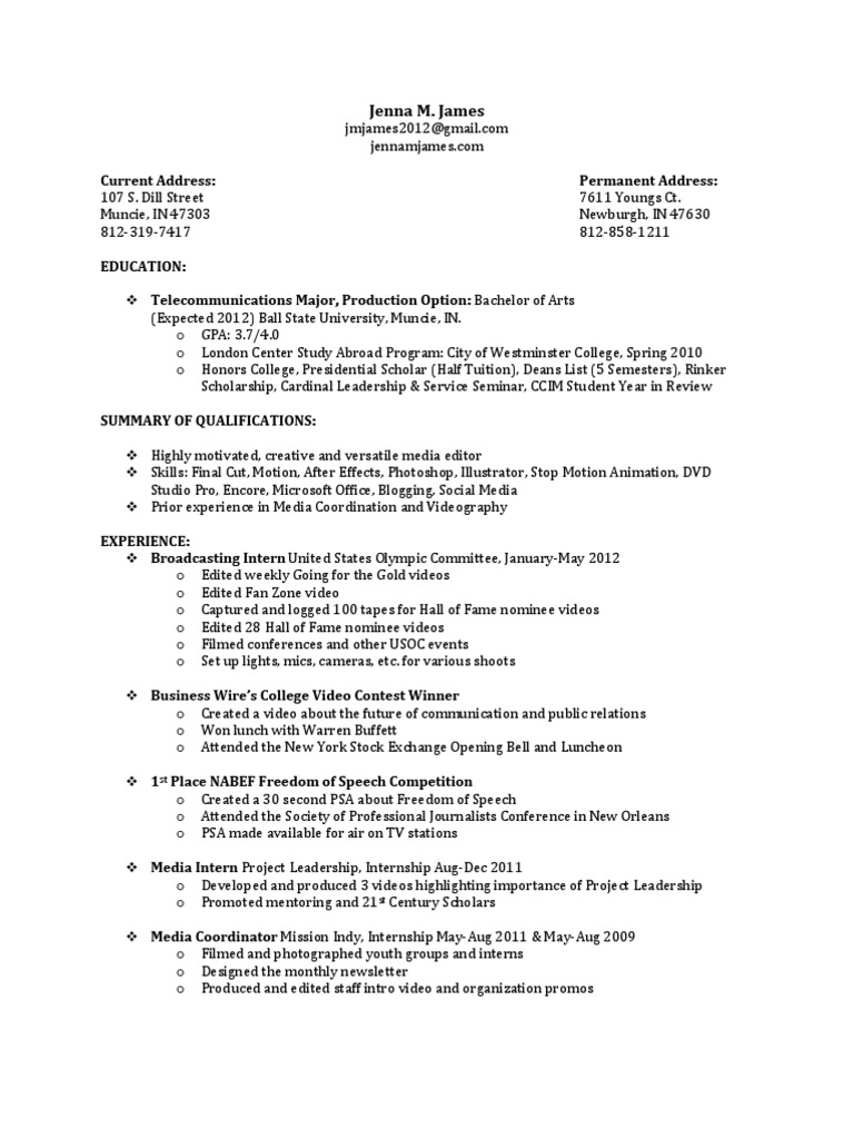 James Resume Jan 29, 2012 | PDF | Internship | Job Hunting