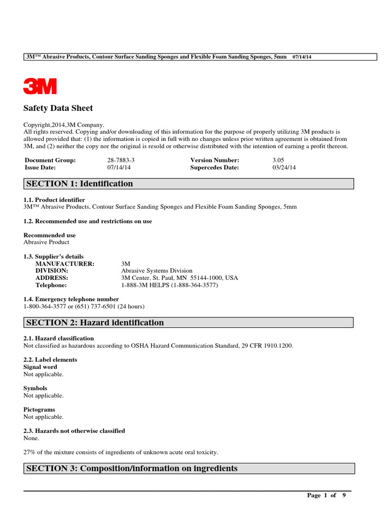 MSDS Sanding Sponge | PDF | Waste | Toxicity