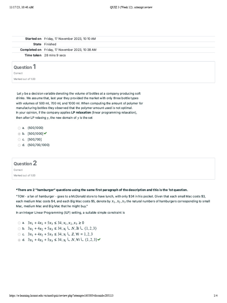 QUIZ 3 (Week 12) - Attempt Review | PDF | Linear Programming | Mathematical Optimization