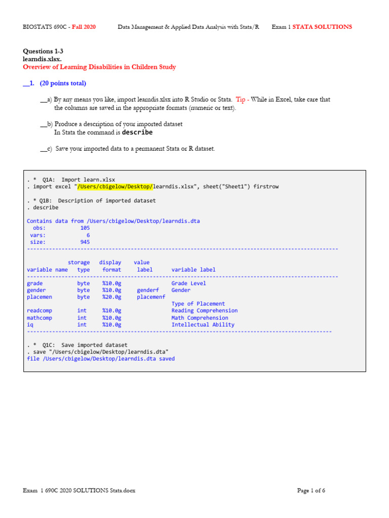 Exam 1 690C 2020 SOLUTIONS Stata | PDF | Microsoft Excel | Computer Science
