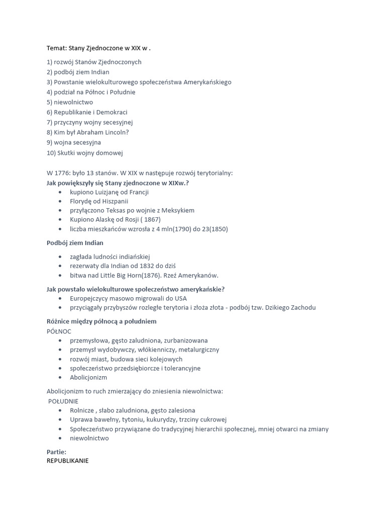 Stany Zjednoczone W XIX W - Notatka | PDF