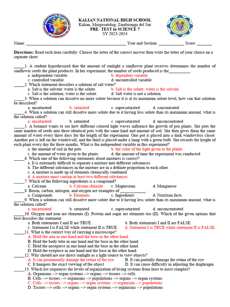 DIAGNOSTIC TEST - Science 7 | PDF | Waves | Atmosphere Of Earth