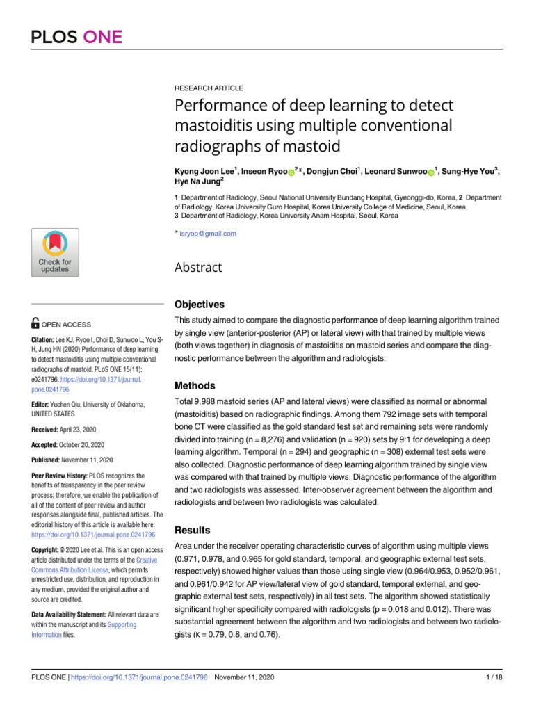 Performance of Deep Learning To Detect Mastoiditis Using Multiple Conventional Radiographs of ...