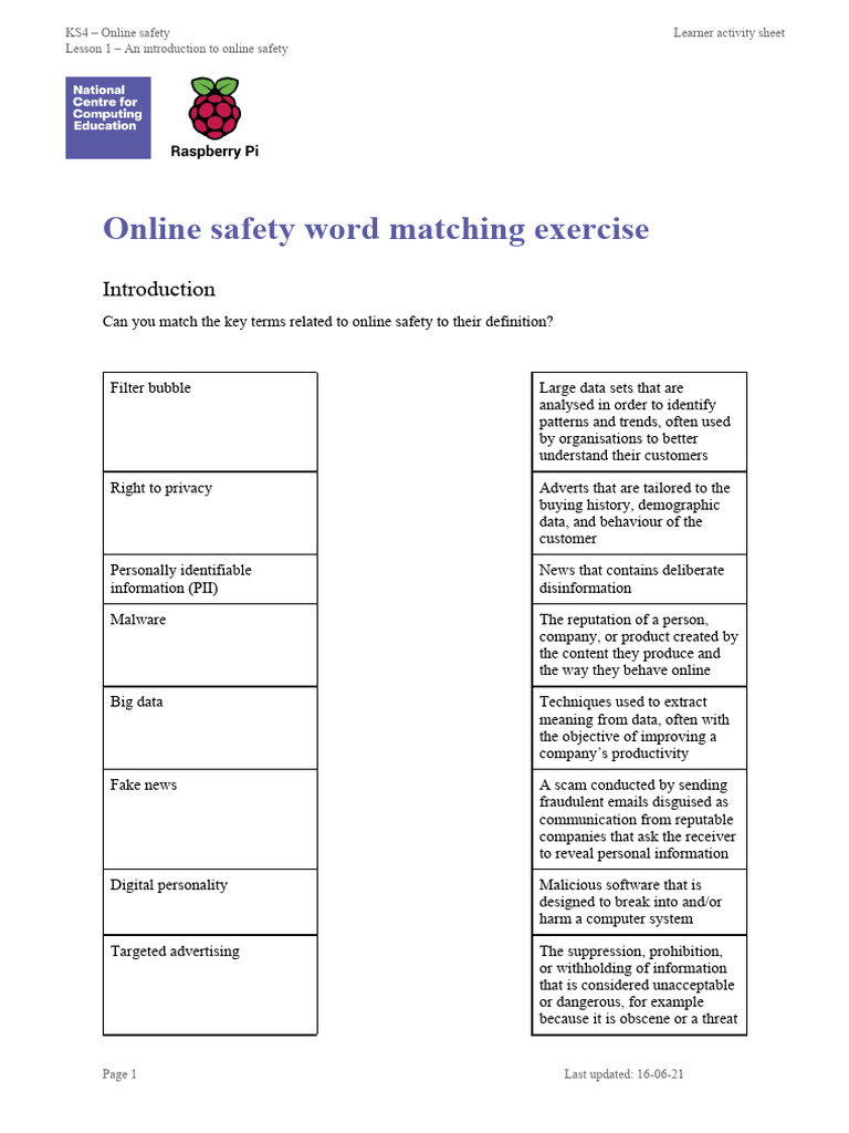 A0 Worksheet - Word Matching Exercise | PDF | Malware | Phishing
