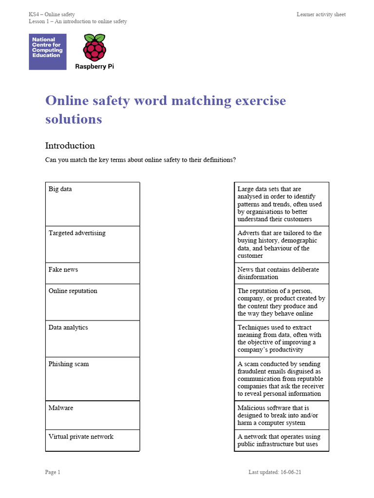 A0 Solutions - Word Matching Exercise | PDF | Malware | Communication