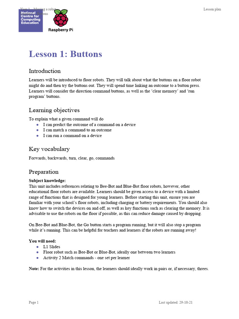 Year 1 Robot Buttons Lesson Plan | PDF | Robot | Robotics
