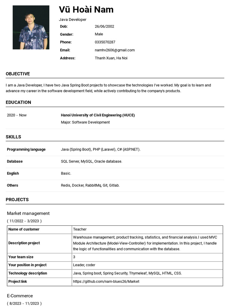 Java Developer Profile: Vũ Hoài Nam | PDF | Spring Framework | Databases