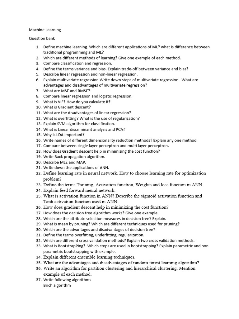 Question Bank - Machine Learning | PDF | Machine Learning | Regression Analysis