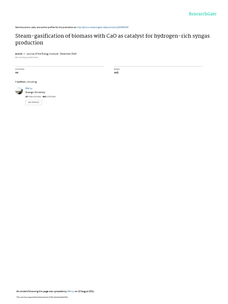 Steam gasificationofbiomasswithCaOascatalystforhydrogen Richsyngasproduction | PDF ...