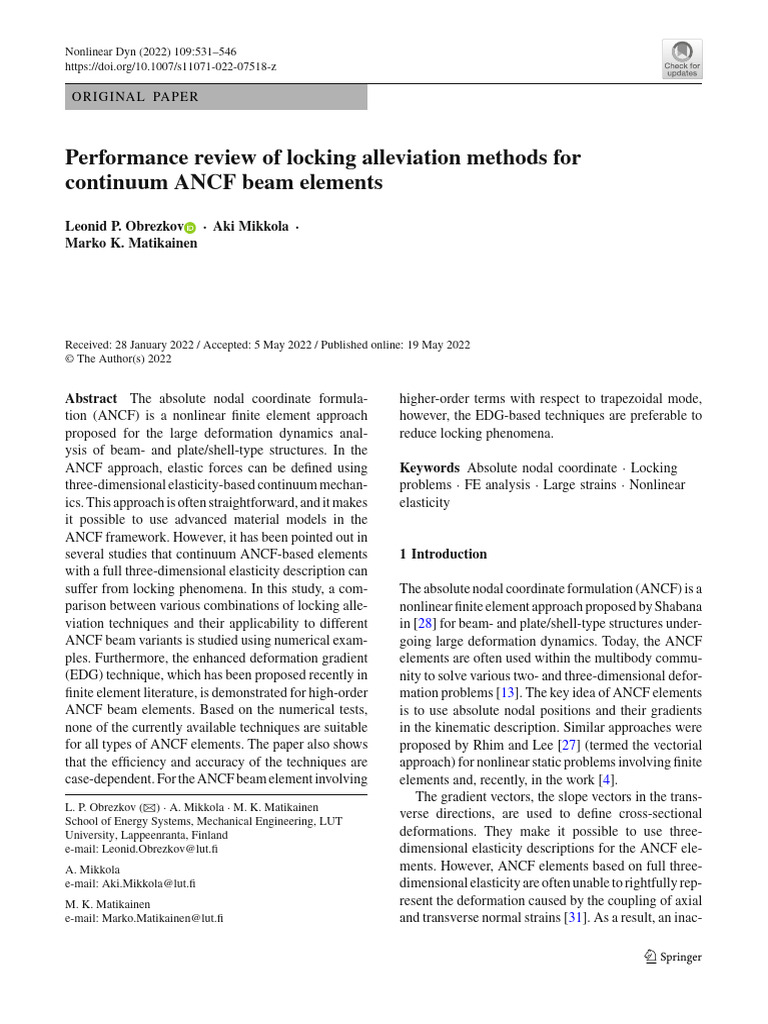 2022performance Review of Locking Alleviation Methods For Continuum ANCF Beam Elements | PDF ...