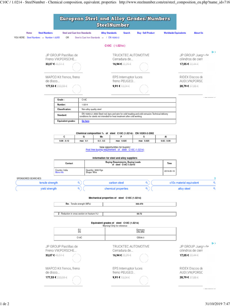 C10C - 1.0214 - SteelNumber - Chemical Composition, Equivalent ...