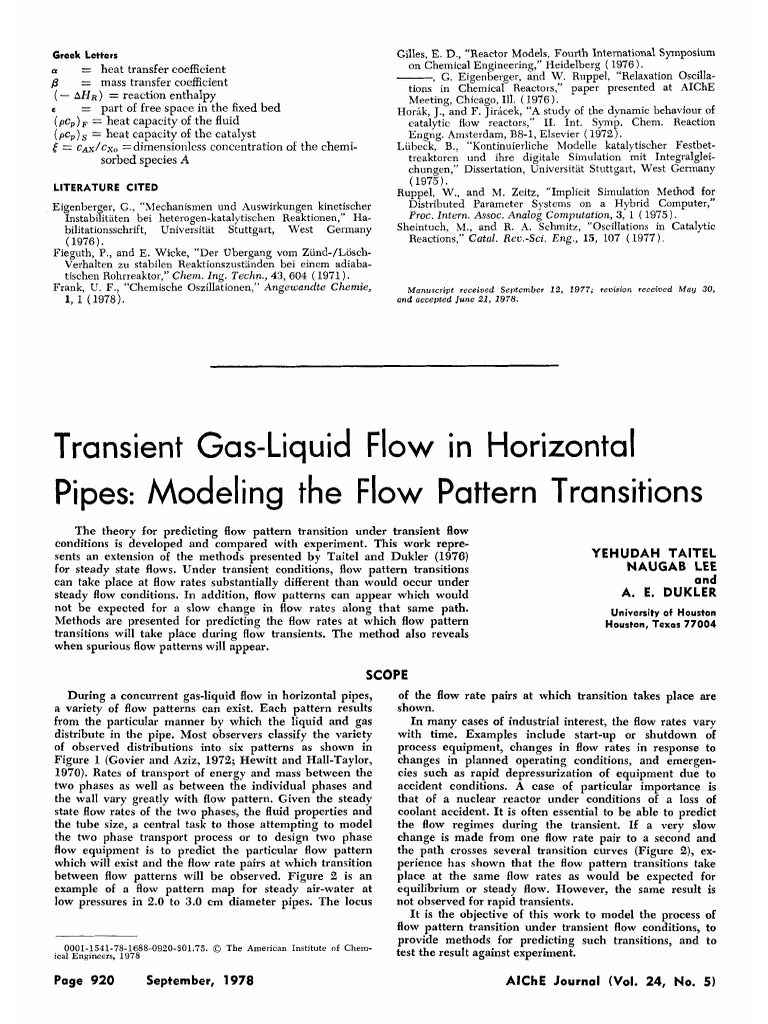 1978transient Gas Liquid Flow in Horizontal Pipes Modeling The Flow ...