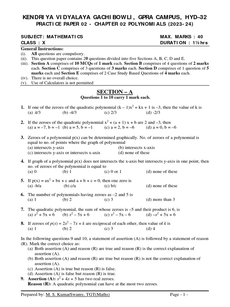 Maths Class X Chapter 02 Polynomials Practice Paper 02 1 | PDF | Polynomial | Quadratic Equation