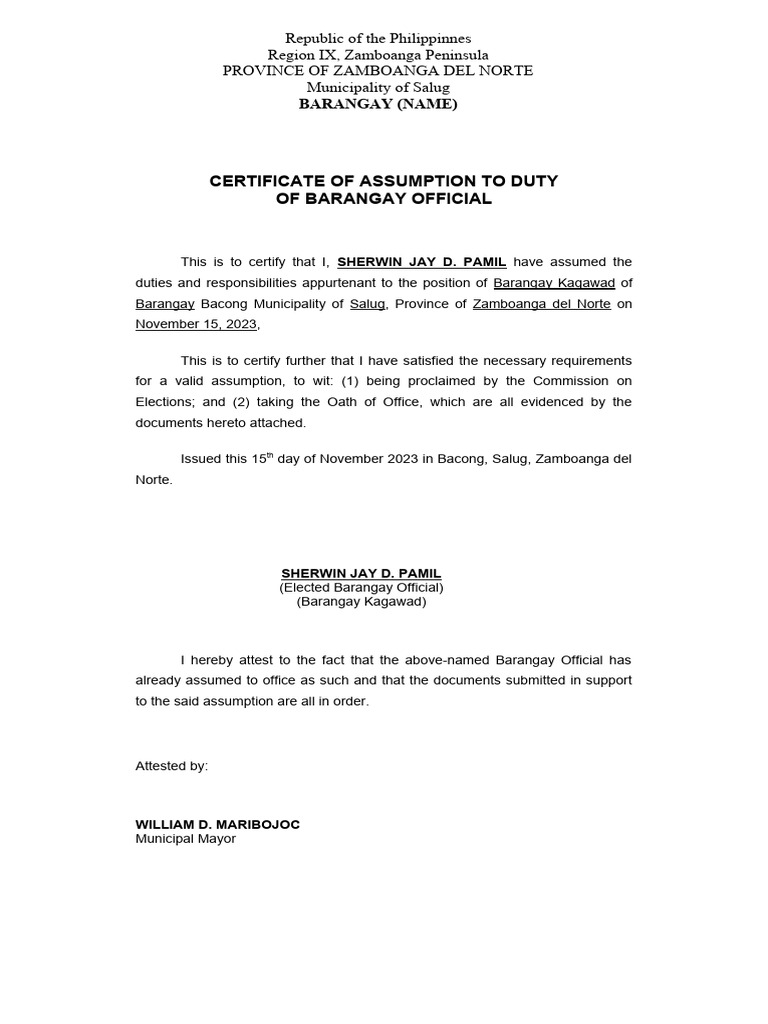 Assumption of Duty | PDF