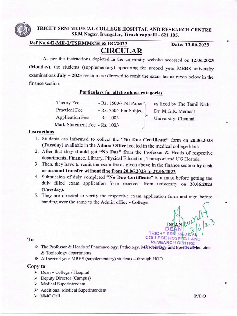 Exam Fee Circular | PDF