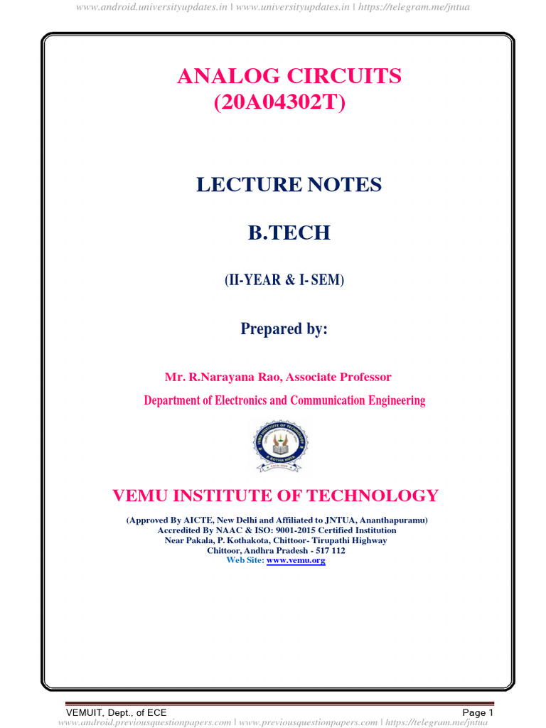 Analog Circuits Lecture Notes | PDF | Amplifier | Electrical Impedance