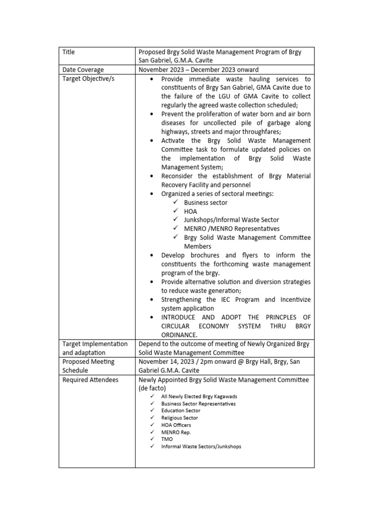 Proposed Brgy San Gabriel Solid Waste Management Plan and ...