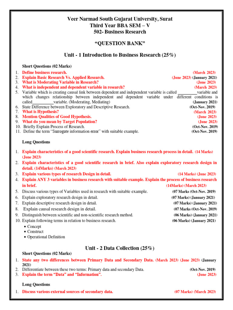 502 - Business Research Question Bank | PDF | Sampling (Statistics ...