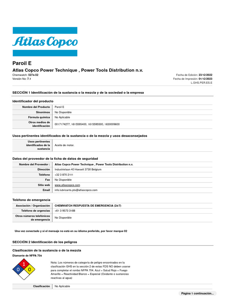Msds Paroil e | PDF | Lentes | Líquidos