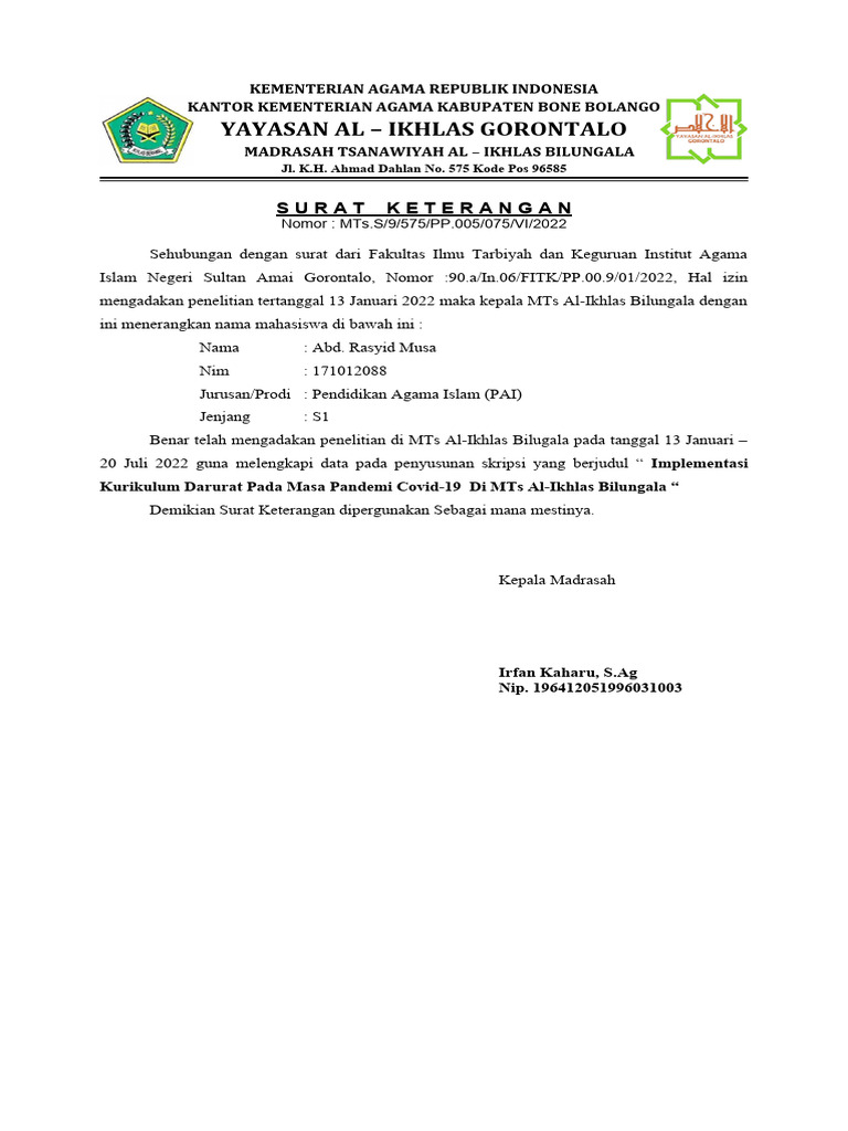 Surat Balasan Penelitian | PDF