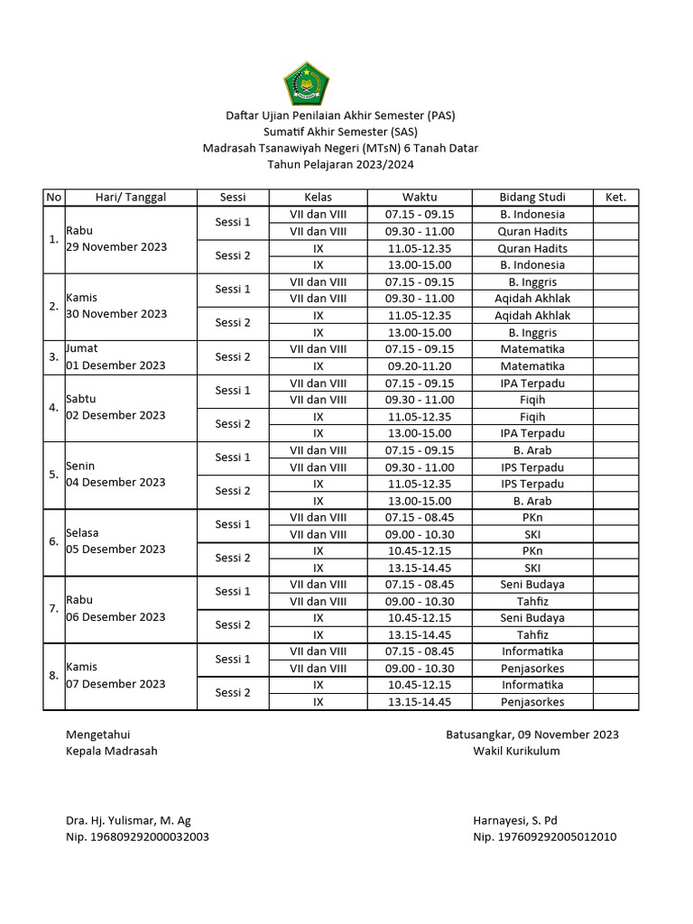 Jadwal Ujian PAS TP 2023-2024 | PDF