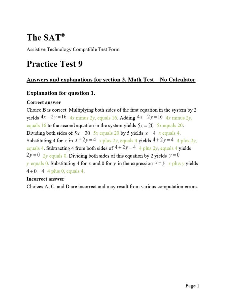 Sat Practice Test 9 Math No Calculator Answer Explanations at | PDF ...