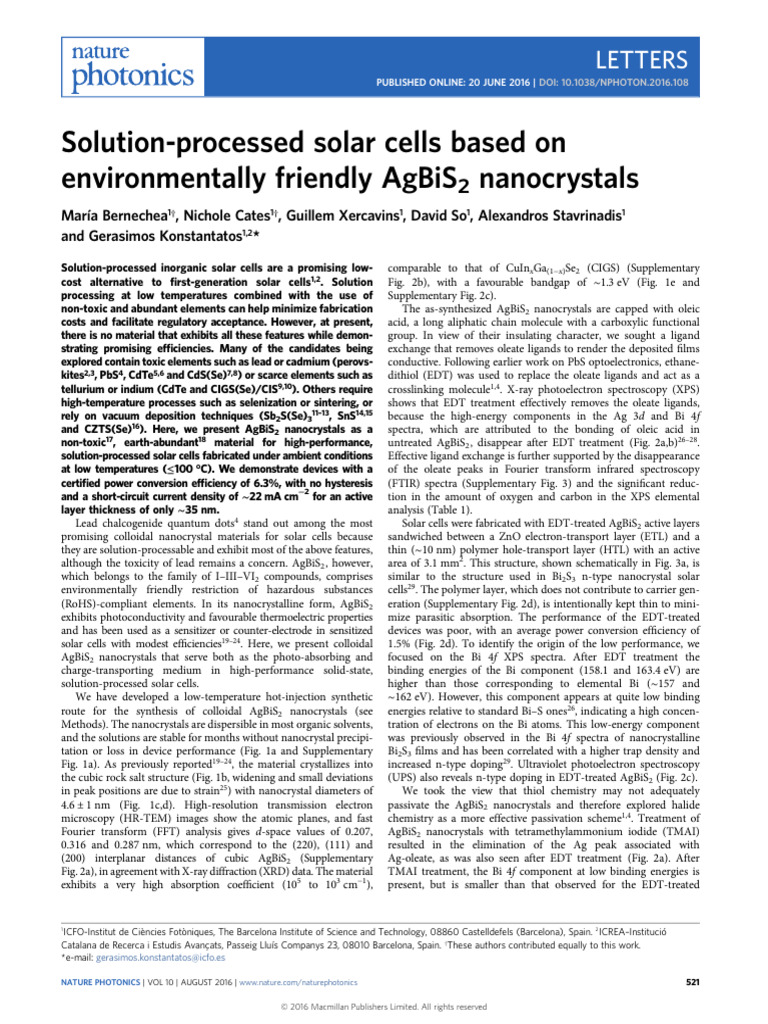 Gerasimos AgBiS2 2016 | PDF | Solar Cell | X Ray Photoelectron Spectroscopy