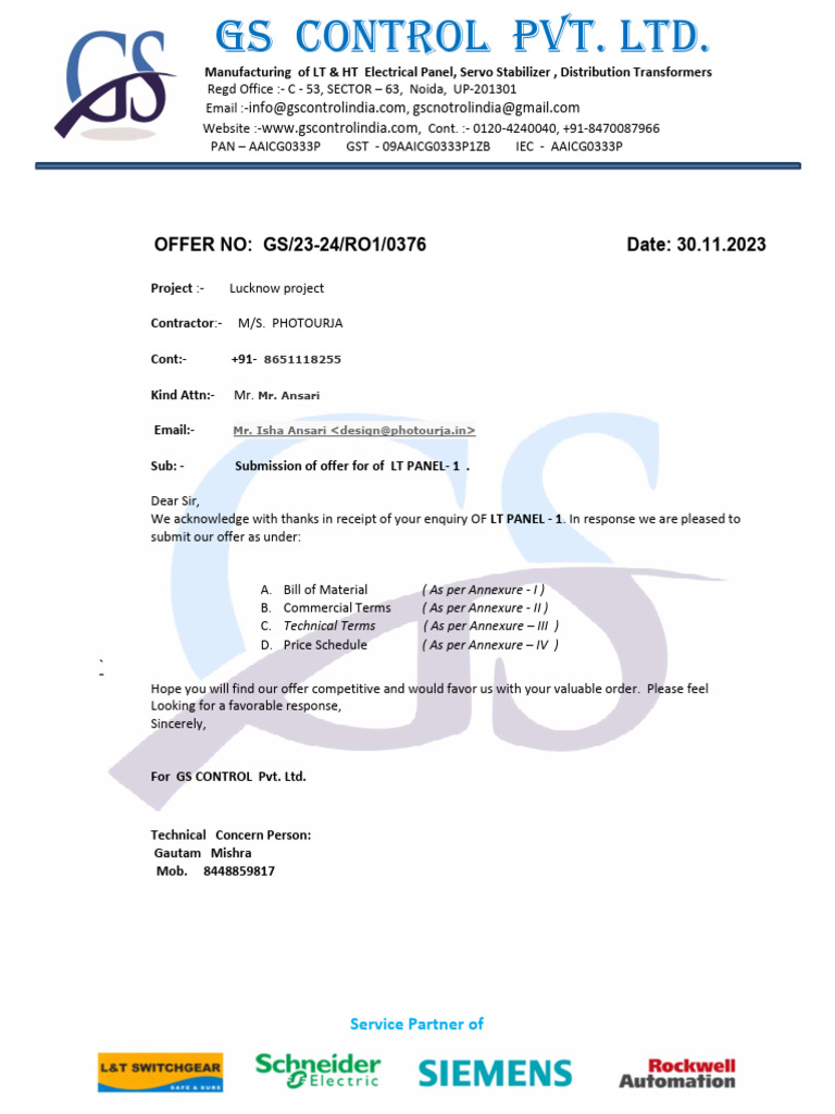 GS Control Revised Offer of LT Panel For Lucknow Project | Download ... GS Control Revised Offer of LT Panel For Lucknow Project | Download ...