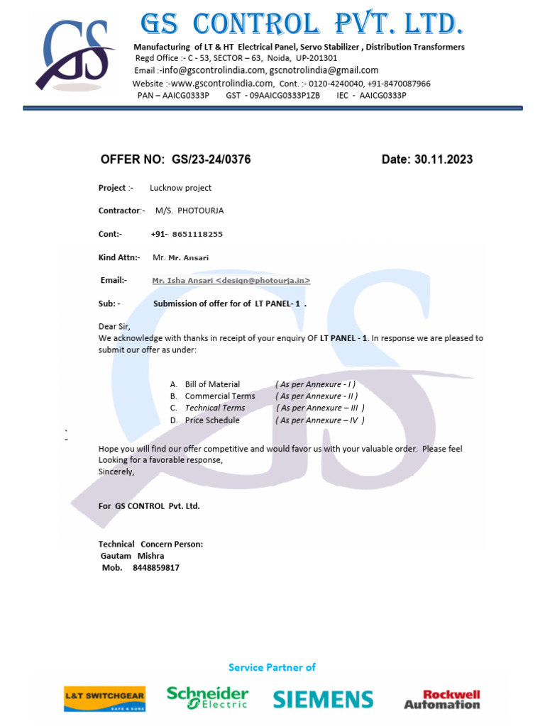 GS Control Offer of LT Panel For Lucknow Project | PDF | Mains ...