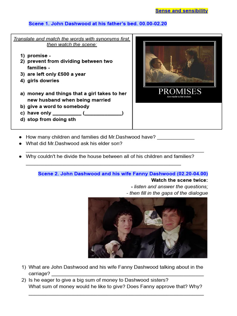 Sense and Sensibility Movie Scenes 1-3 Worksheet | PDF | Sense And ...