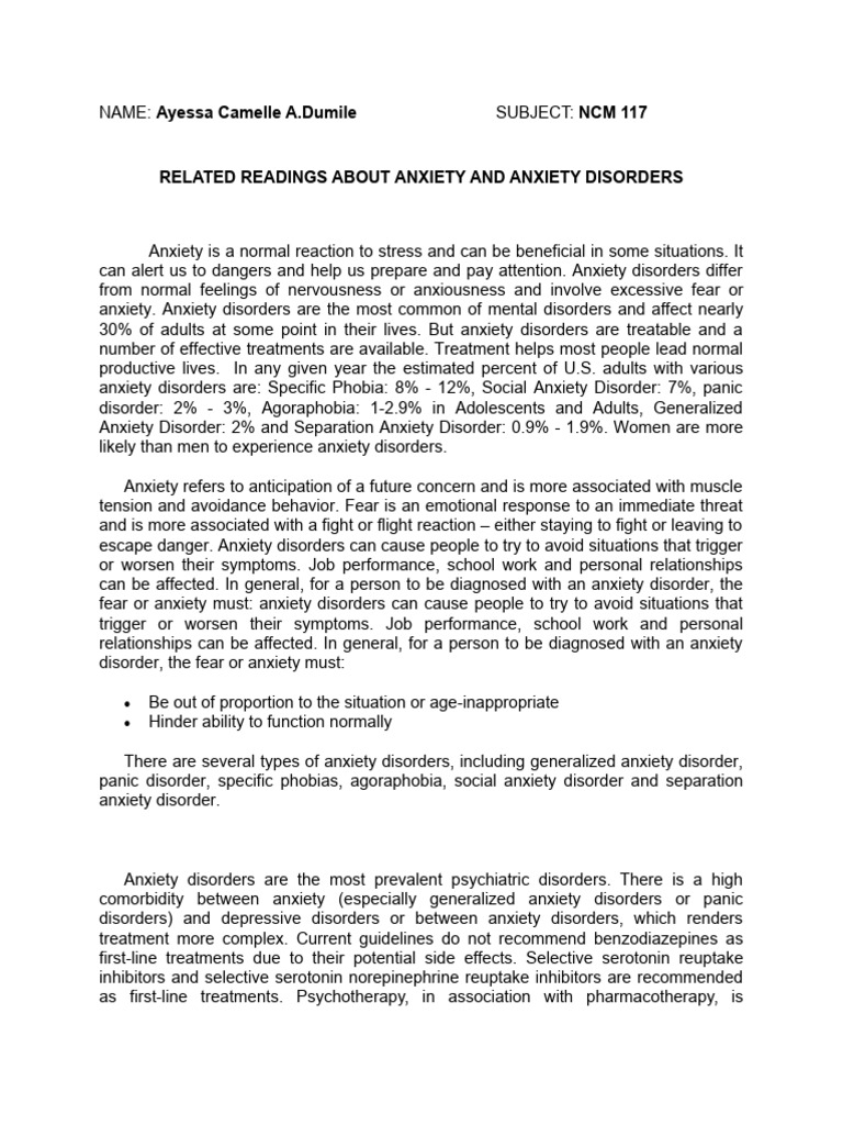 Assignment NCM 117 (Readings) | PDF | Anxiety Disorder | Panic Disorder