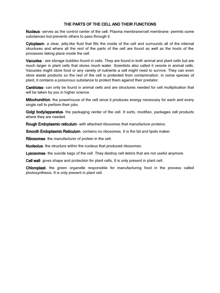 The Parts of The Cell and Their Functions | PDF
